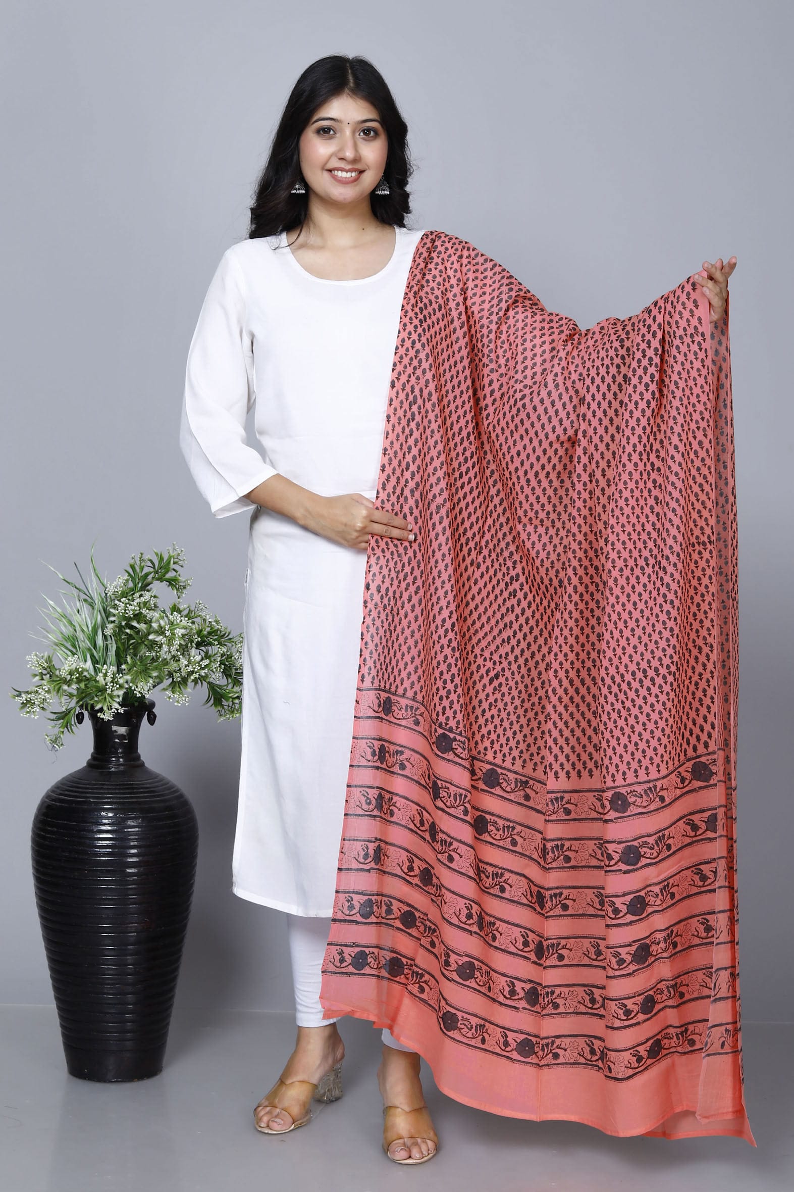 Peach Hand Block Printed Cotton Dupatta – Bada Boota